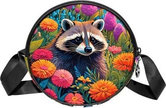 Generic Petit sac &agrave; bandouli&egrave;re circulaire pour femme, motif raton laveur avec fermeture &eacute;clair, bretelles r&eacute;glables, sac &agrave; main rond d&eacute;contract&eacute; pour femmes 