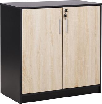 Beliani B&uuml;roschrank Heller Holzfarbton/schwarz 80 x 80 x 40 cm abschlie&szlig;bar Zehna