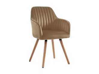 Vente-Unique Chaise avec accoudoirs en Velours et Pieds Bois de hêtre - Beige - Eleana - Salle à Manger