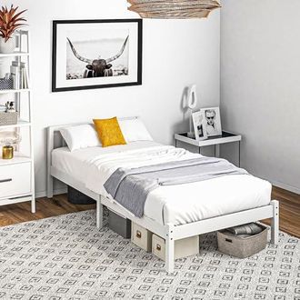 HOMCOM Cadre de lit en Bois Massif 90x190 cm Lit Simple avec t&ecirc;te de lit et Sommier &agrave; Lattes Solide pour Enfants Adultes Blanc