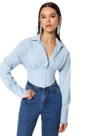 Trendyol Trendyol Womens Damen Gerade Lange Ärmel Tailliert Hemd Shirt, Blue, 32