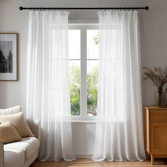 Deconovo Halbtransparent Voile Vorhang mit Kräuselband Dekoschal Gardinen Wohnzimmer Vorhänge Schlafzimmer Balkon, H245 x B140 cm, Weiß, 2er Set