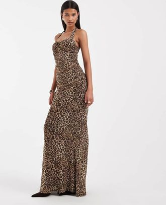 Asos Robe dos nu en tulle &agrave; imprim&eacute; l&eacute;opard avec d&eacute;collet&eacute; en coeur - Marron