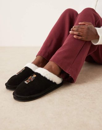 Polo Ralph Lauren Kayleigh - Flache Hausschuhe in Schwarz mit Polo Bear