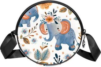 Generic Petit sac &agrave; bandouli&egrave;re rond pour femme, motif &eacute;l&eacute;phants, floral, avec fermeture &eacute;clair, bretelles r&eacute;glables, sac &agrave; main rond d&eacute;contract&eacute; pour femmes 