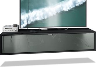 Vladon TV Board Lana 140 Hängeschrank Lowboard 140 x 29 x 37 cm, Made in Germany, Korpus in Schwarz matt, Fronten in Grau Hochglanz | Große Farbauswahl