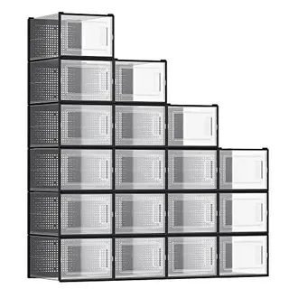 Songmics Schuhboxen, 18er Set, Schuh-Organizer aus Kunststoff, faltbar und stapelbar, für Schuhe bis Größe 46, transparent-schwarz LSP007B18