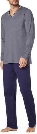 Novila Herren Pyjama blau Jersey-Baumwolle gestreift