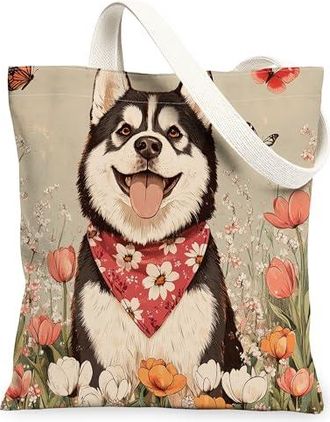 Generic Sac fourre-tout en toile motif chien malamutes de lAlaska pour le shopping 33 x 38 cm, sac &agrave; bandouli&egrave;re r&eacute;utilisable pour femme, peinture danimaux do