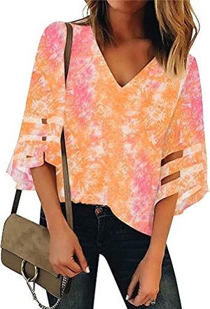 TOMWELL Blouse Femme Chemisier Manche 3/4 Trompette Top Chemise Tunique Haut Imprim&eacute; Col V en Chemise L&acirc;che Mousseline T Shirt Couleur Unie D&eacute;contract&eacute; Tops D