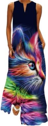 Ocean Plus Robe Maxi pour Femmes avec Imprimé Vintage Robe de Poche à Manches Longue et sans Manches (L, Chat coloré)