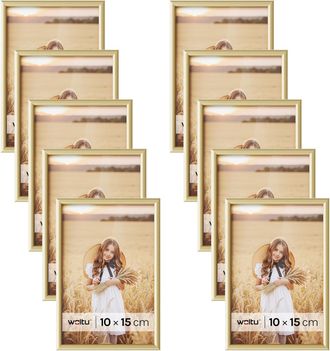 Woltu Bilderrahmen 10x15 cm, 10 Set, Fotorahmen Gold, Aluminium, mit Passepartout, zum vertikalen oder horizontalen Aufh&auml;ngen/Aufstellen, f&uuml;r Fotos, Bilder