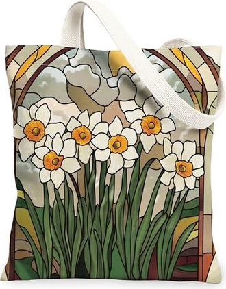 Generic Sac fourre-tout en toile avec fleurs de jonquille en verre teint&eacute; pour le shopping, 33 x 38,1 cm, sac d&eacute;picerie r&eacute;utilisable pour femme, motif floral 