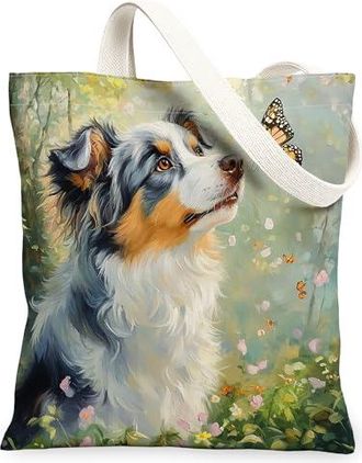 Generic Sac fourre-tout en toile motif chien berger australien printanier 33 x 38,1 cm, sac d&eacute;picerie r&eacute;utilisable pour femme, animal de compagnie, peinture c