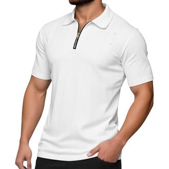 Generic Polo d&eacute;t&eacute; pour homme - Couleur unie - Fermeture &eacute;clair - Manches courtes - Confortable, Blanc., XXL