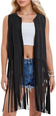 Feoya Gilet à franges style western années 70 disco en daim à franges pour femme, costume hippie 2024, Noir, L