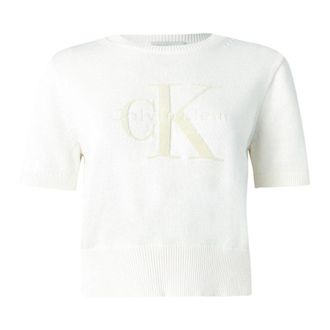 Calvin Klein Jeans Femme, Pulls, Beige, Taille: 38 FR Pull Court &Eacute;pais en Coton avec Graphique