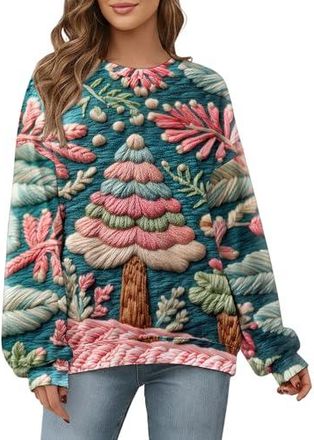 Generic Sweats de vacances pour femmes - Sapin de No&euml;l | Sweat-shirt graphique &agrave; manches longues et col rond | pour le voyage, Broderie de No&euml;l - Q, 4XL