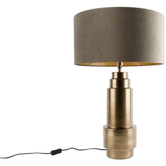 QAZQA Tischleuchte Bronze Samtlampenschirm Taupe mit Gold 50 cm - Bruut