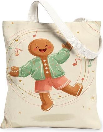 Generic Sac fourre-tout en toile de pain d&eacute;pices, motif vacances amusantes, sacs d&eacute;picerie r&eacute;utilisables, l&eacute;gers et lavables avec bandouli&egrave;re, beige, 13x15 In