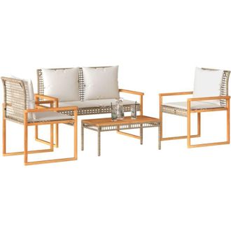 vidaXL Salon de jardin avec coussins 4pcs m&eacute;lange beige r&eacute;sine tress&eacute;e - Vidaxl