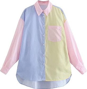 Onsoyours Blouse Femme Chemisier Manches Longues Trompette Top Chemise Tunique Haut Col V en Popeline T Shirt B Bleu Jaune M