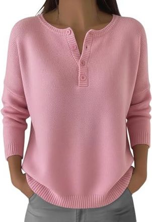 TOMWELL Pull Femme Chaud Couleur Unie Pulls en Tricot Manche Longue Haut Col Rond Bouton Pullover A Rose M