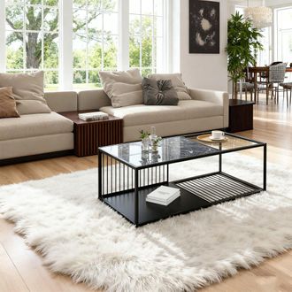 Generic Schmiedeeiserner Couchtisch mit Glaselementen, Elegantes Design mit praktischem Stauraum