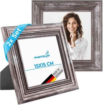 Photolini Barock-Bilderrahmen 15x15 cm in Silber antik, 2er Set Holz-Rahmen Vintage, Made in Germany, Echtglas, zum Aufhängen & Aufstellen, mit Zubehör - verlei