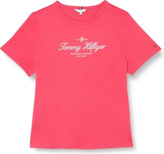 Tommy Hilfiger CRV SLIM SIGNATURE C NK 1/2 SLV Kurzarm Strickoberteile Damen, Rosa (Bright Cerise Pink), 46
