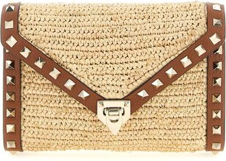 Valentino Garavani Femme, Sacs, Beige, Taille: ONE Size Mini sac port&eacute; &eacute;paule Rockstud en raphia
