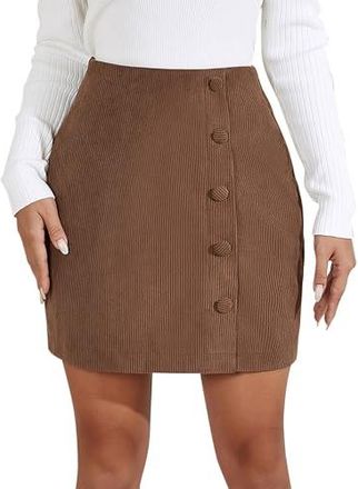 Generic Jupe trap&egrave;ze courte en velours c&ocirc;tel&eacute; pour femme - Jupe crayon en coton taille haute - Coupe ajust&eacute;e - Extensible - Boutons sur le devant - Robe moula