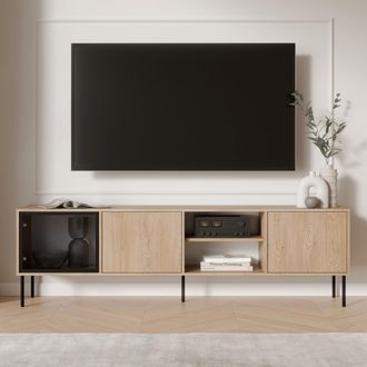 Dmora Mobile Porta Tv Fiuggi, Un Ripiano, 3 Ante, Anta Dettaglio Vetro, 200x40x60h Cm Marrone