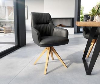 DELIFE Esszimmerstuhl Zelia-Flex mit Armlehnen Echt-Leder Schwarz Holzgestell kantig Natur Taschenfederkern, Esszimmerst&uuml;hle