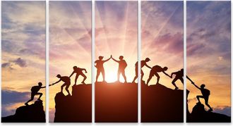 Islandburner Bild auf Leinwand Silhouette Bergsteiger Teamwork Konzeptionelle Szene Team Alpinisten Bilder Wandbilder Poster