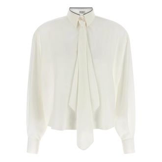 Brunello Cucinelli Seidenkrepp-de-Chine-Hemd mit Krawatte und gl&auml;nzendem Kragen - - Blouses & Shirts - Damen - Wei&szlig; - M