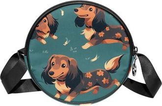 Generic Petit sac &agrave; bandouli&egrave;re circulaire pour femme, motif teckel avec fermeture &eacute;clair, bretelles r&eacute;glables, sac &agrave; main rond d&eacute;contract&eacute; pour femmes et fil
