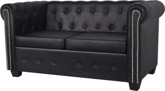 Festnight Chesterfield 2-Sitzer-Sofa Kunstledersofa Couch Loungesofa Kunstlederbezug Holzrahmen Sitzkomfort für Wohnzimmer Büro - Schwarz