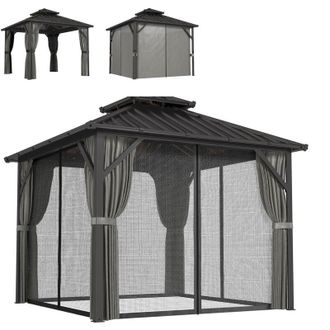 OUTSUNNY Tonnelle de jardin - Outsunny - toit rigide - rideaux et moustiquaire - aluminium et acier - 3x3m - gris fonc&eacute;