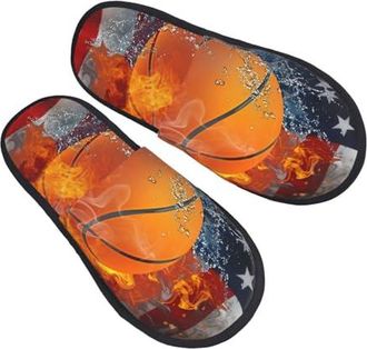 Generic Pantoufles De Voyage Basket-Ball Avec Drapeau Am&eacute;ricain, Flammes Et &Eacute;claboussures De Feu R&eacute;utilisables Pantoufles En Coton Unisexe Chaussons Pour Auto