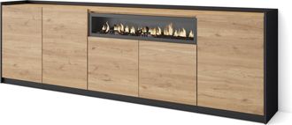 Skraut Home | Sideboard, Highboard | Kommode, Komodenschrank | 260x80x37 cm | 5 Türen | Elektrokamin. | Moderner Stil | Eiche Schwarz