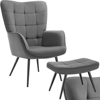 TecTake Fauteuil Salon Confortable & Tabouret en Velours côtelé Fauteuil Scandinave Moelleux avec Accoudoirs Chaise Ergonomique pour Salle à Manger, Chambre, 