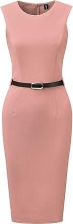 Allegra K Robe Fourreau ceintur&eacute;e pour Femmes, col Rond, sans Manches, Robes de Bureau d&eacute;contract&eacute;es Rose L