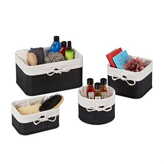 Relaxdays Aufbewahrungskorb Set, 4er Set aus Bambus, Aufbewahrungsbox f&uuml;r Regal & Schrank, Bad, 4 Gr&ouml;&szlig;en, schwarz/ creme