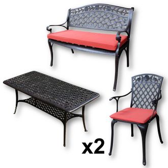 Lazy Susan | Claire Rechteckiger Garten Beistelltisch mit 1 x Rose Gartenbank und 2 x Rose Stühlen | Gartenmöbel Set aus Metall, Antik Bronze | Rostschutz | (Rot