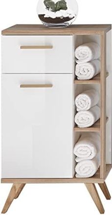 PELIPAL Badezimmerschrank Quickset 923 in Wei&szlig; Glanz/Riviera Eiche quer Nachbildung, 50,5 cm breit | Unterschrank mit 1 T&uuml;r, 1 Schubkasten, 1 seitliches Ablag