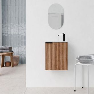 Aurlane ensemble meuble lave mains mdf ondul&eacute; bois 40x50x22cm et miroir ovale - milo