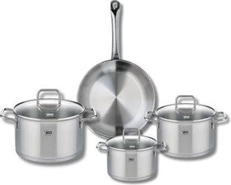 Fackelmann ELO 9694350 Batterie de cuisine 4 pièces, Ensemble de 1 Poêle de cuisson 24 cm et 3 faitouts 14, 16 et 20 cm Elo Profi Citrin, inox, induction