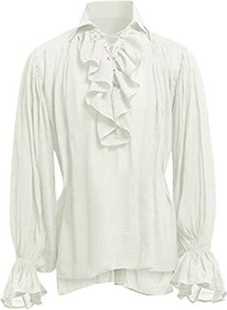 Generic Chemise médiévale à manches longues pour homme - Chemise formelle à manches longues vintage ethnique avec manches bouffantes - Chemise en lin - Loisir