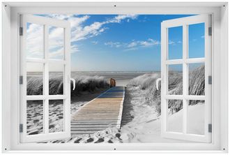 Wallario Outdoor-Poster für Garten oder Balkon Auf dem Holzweg zum Strand in schwarz-weiß Optik, Motivbanner Größe: ca. 60 x 90 cm mit Fenster-Illusion